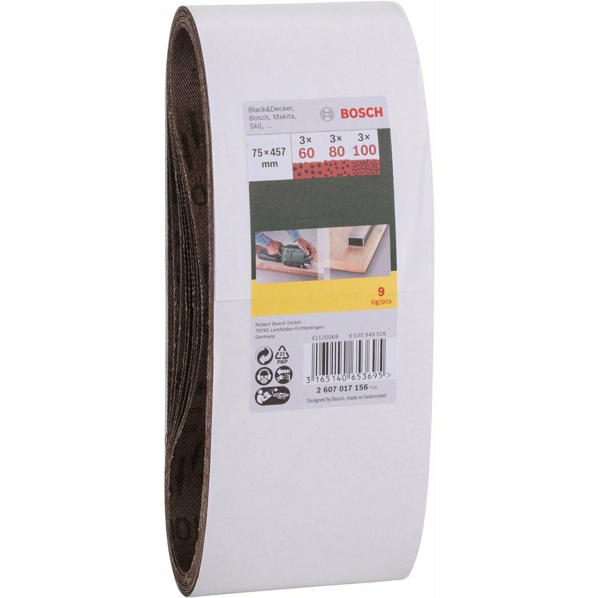Bosch Schleifband 9 Stück, 75 x457 mm Körnung 60 80 100 für Bandschle ...