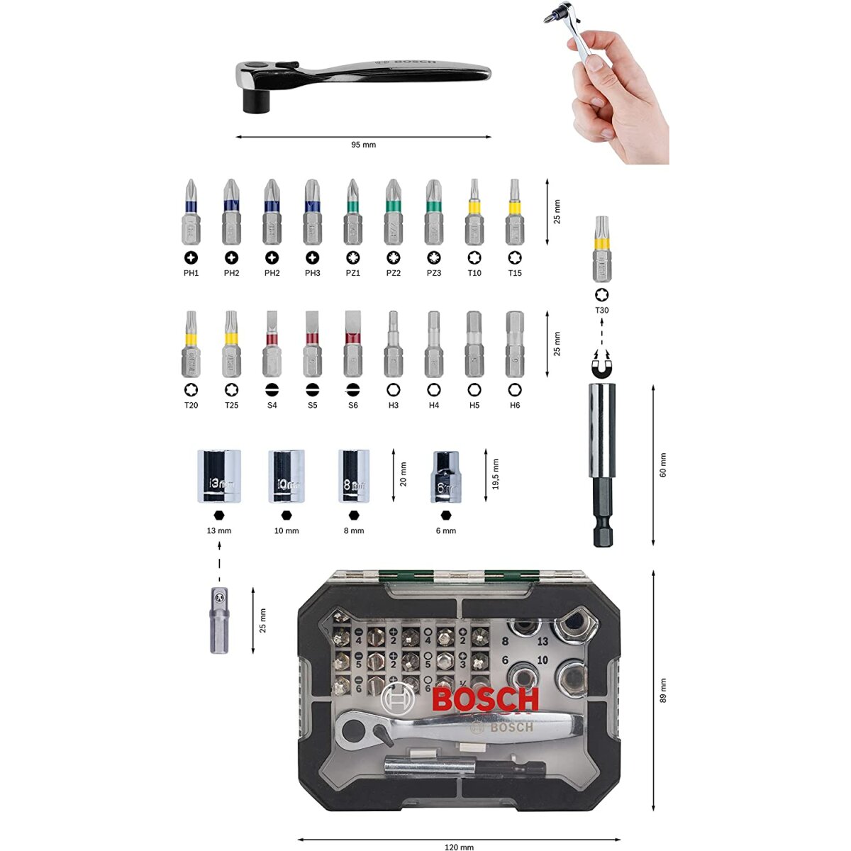 Bosch Schrauberbit- und Ratschen-Set 26tlg - 2607017322 Steckschlüsse ...